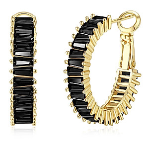 GLOQUAT CZ Gold Black Hoop Earrings 14K Gold Plated Hoop Earrings for Women Vintage Black Cubic Zirconia Hoop Earrings Fashion Round Circle Hoops Earrings for Women 25mm