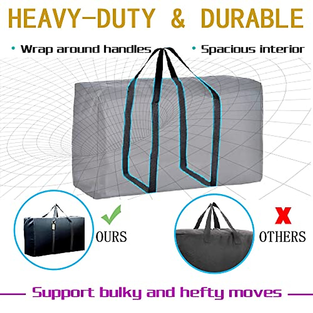 3 Pack Oversized Moving Bags with Zippers & Carrying Handles,Organizer Bag,Carrying Bag,Camping Bag,Heavy Duty Storage Tote For Clothing Storage,College Moving,Moving Supplies(Black)