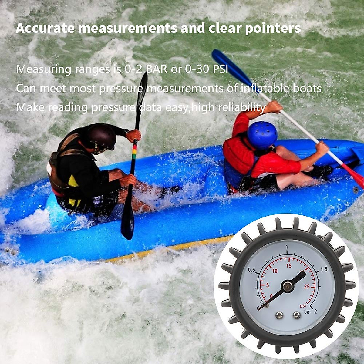 Simlug PVC Inflatable Boat Barometer, 0‑2 BAR/0‑30 PSI Rubber Dinghy Unidirectional Pressure Gauge for Inflatable Boats, Support Plates