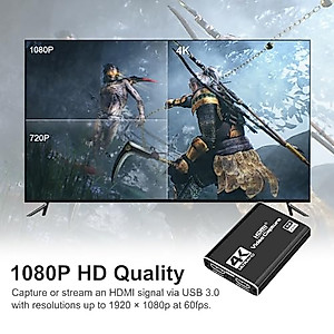 4K HDMI Capture Card for Streaming, Full HD 1080P 60FPS USB Cam Link Game Audio Video Capture Card Nintendo Switch/PS5/3ds/Xbox/PS4 (Black)