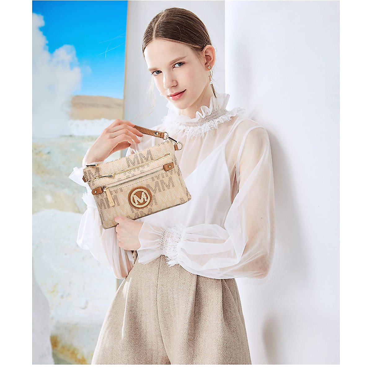 MKF Crossbody Bag for Women, Wristlet Strap – PU Leather Shoulder Handbag – Small Pocketbook Messenger Purse Tan