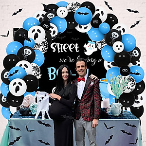 JOYMEMO Halloween Baby Shower Decorations Blue - Oh Sheet We're Having a Boo-y Backdrop, Halloween Balloon Garland Arch Kit with 3D Bat Stickers for Pregnancy Celebration Gender Reveal Party Supplies