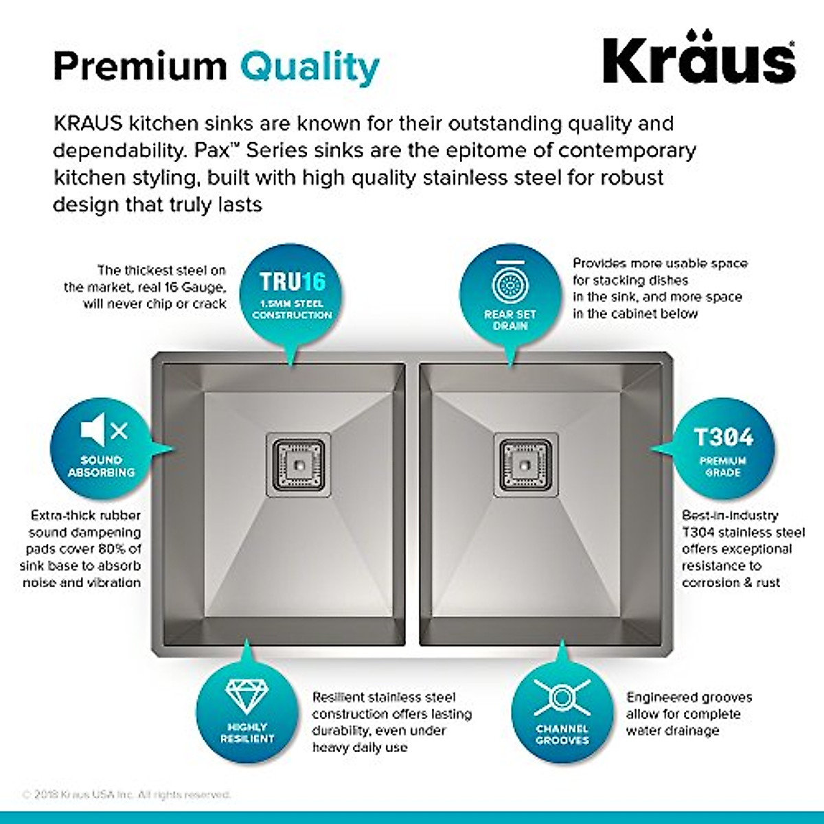 KRAUS Pax 31 1/2-inch 16 Gauge Undermount 50/50 Double Bowl Stainless Steel Kitchen Sink, KHU322