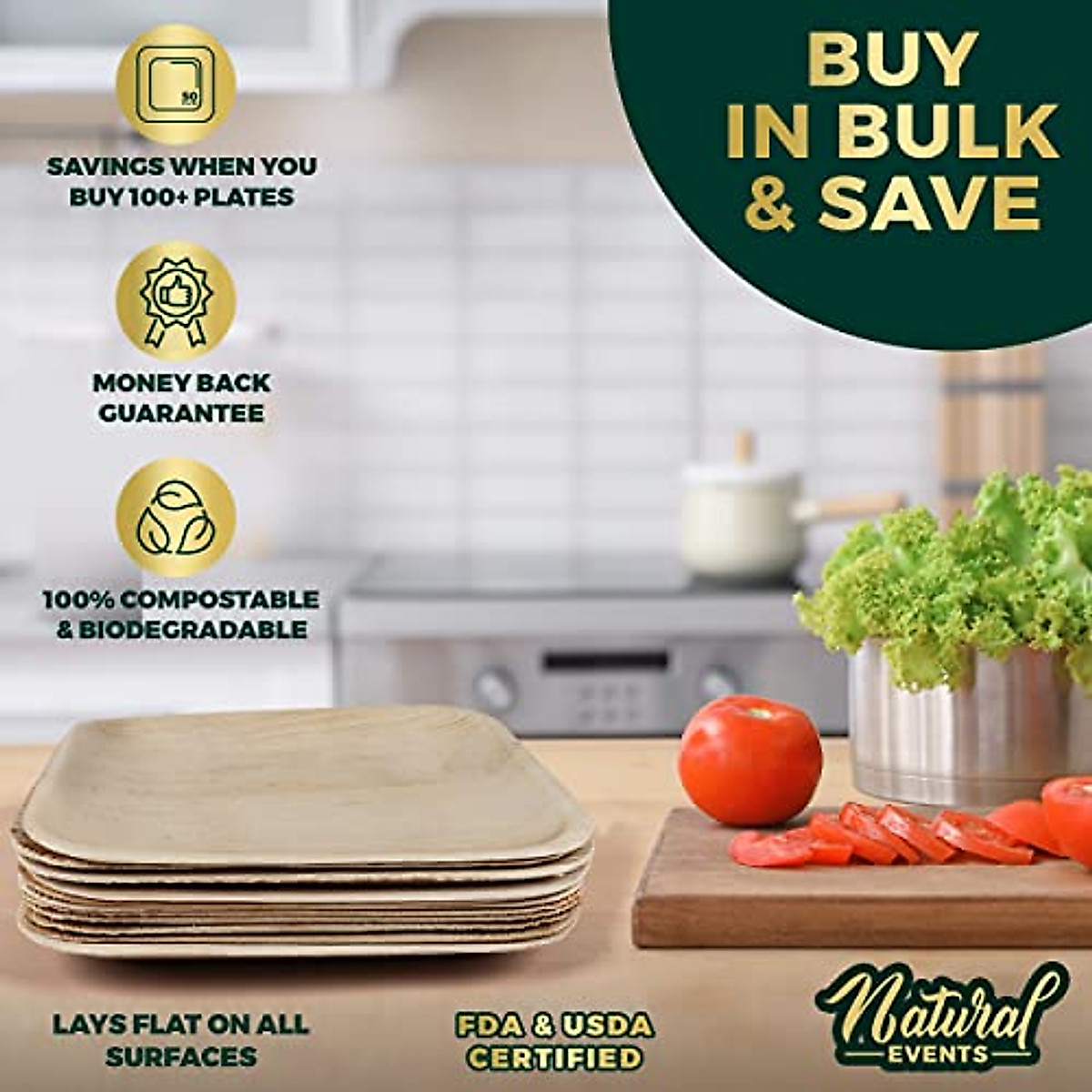 Natural Events 8" Premium Palm Leaf Plates - Disposable Party Set for Charcuterie Appetizers & Dinners, Heavy Duty Bamboo Wood, 100% Compostable, Biodegradable & Eco-Friendly (8 Inch Square, 50 Pack)