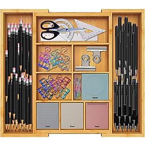 Pipishell Bamboo Expandable Drawer Organizer, Adjustable Silverware Organizer with Removable Dividers, Cutlery Tray Perfect for Kitchen, Bathroom, Office, Bedroom