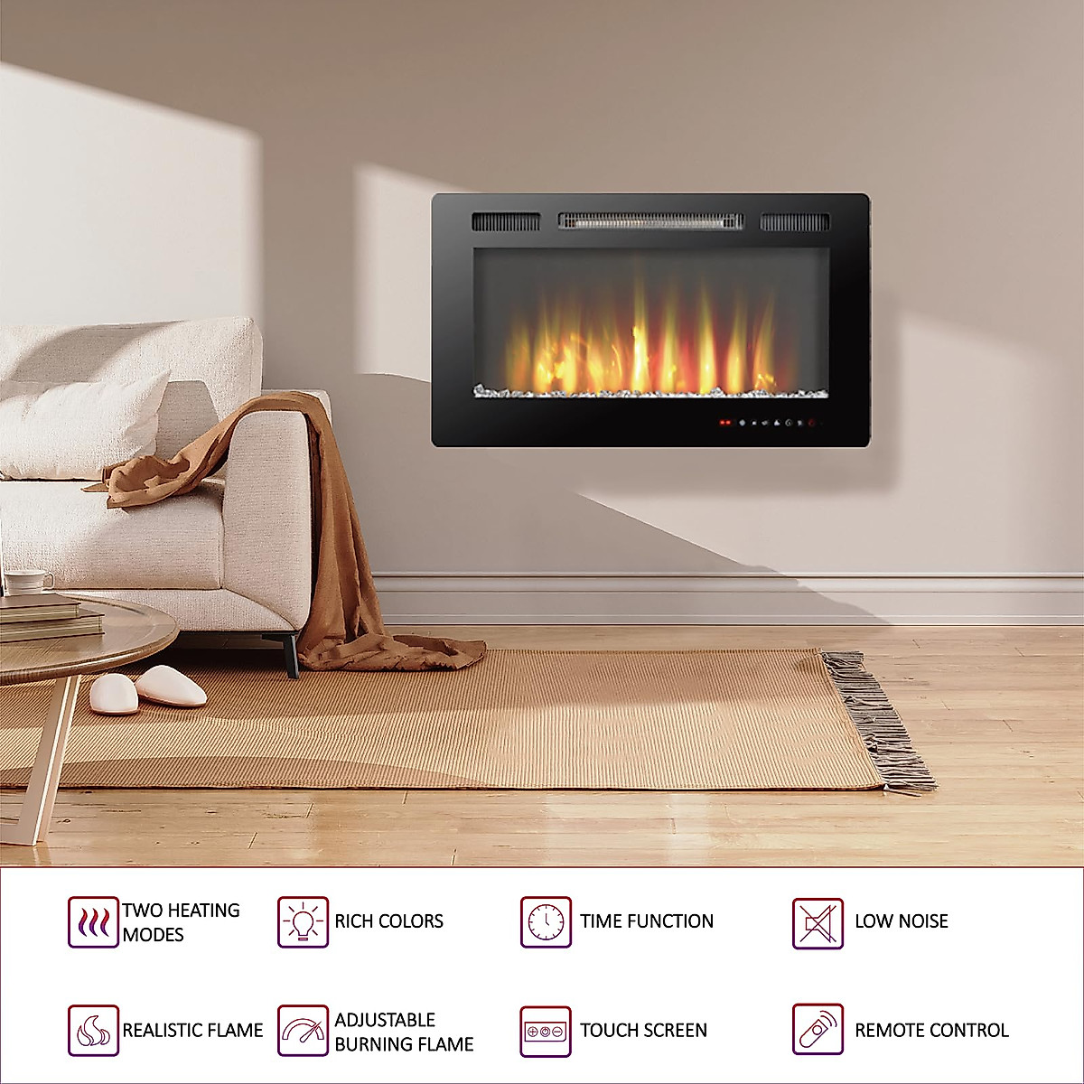 FULEIWO 30 inch Recessed and Wall Mounted Electric Fireplace, Low Noise,Fit for 2 x 4 and 2 x 6 Stud, Remote Control with Timer,Touch Screen,Adjustable Flame Color and Speed, 750-1500W
