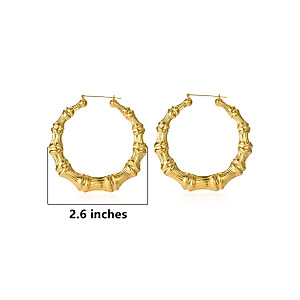 Gold Plated Bamboo Hoop Earring Hollow Casting Hip-Hop Statement Jewelry for Women Dia 65mm