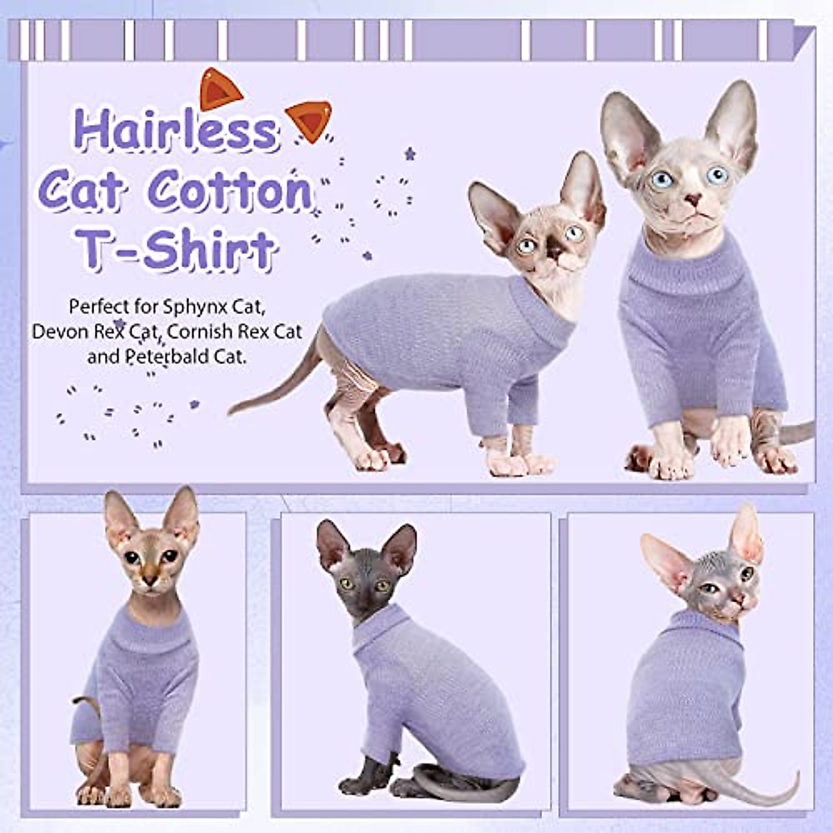 DENTRUN Sphynx Hairless Cats Shirt Pullover Kitten T-Shirts, Breathable Cat Wear Turtleneck Sweater Adorable Cat's Clothes Vest Pajamas Jumpsuit