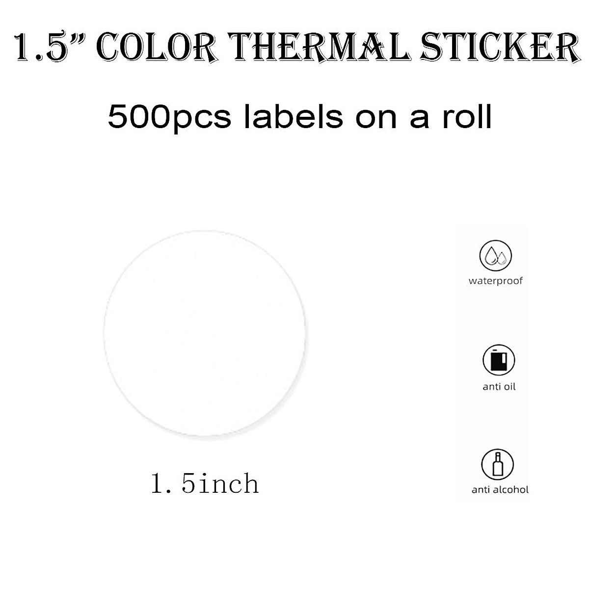 1.5 Inch Circle Thermal Labels, Self-Adhesive Round Printer Stickers, 500 per Roll Thermal Label Stickers for DIY Logo Design, Business and Name Tag