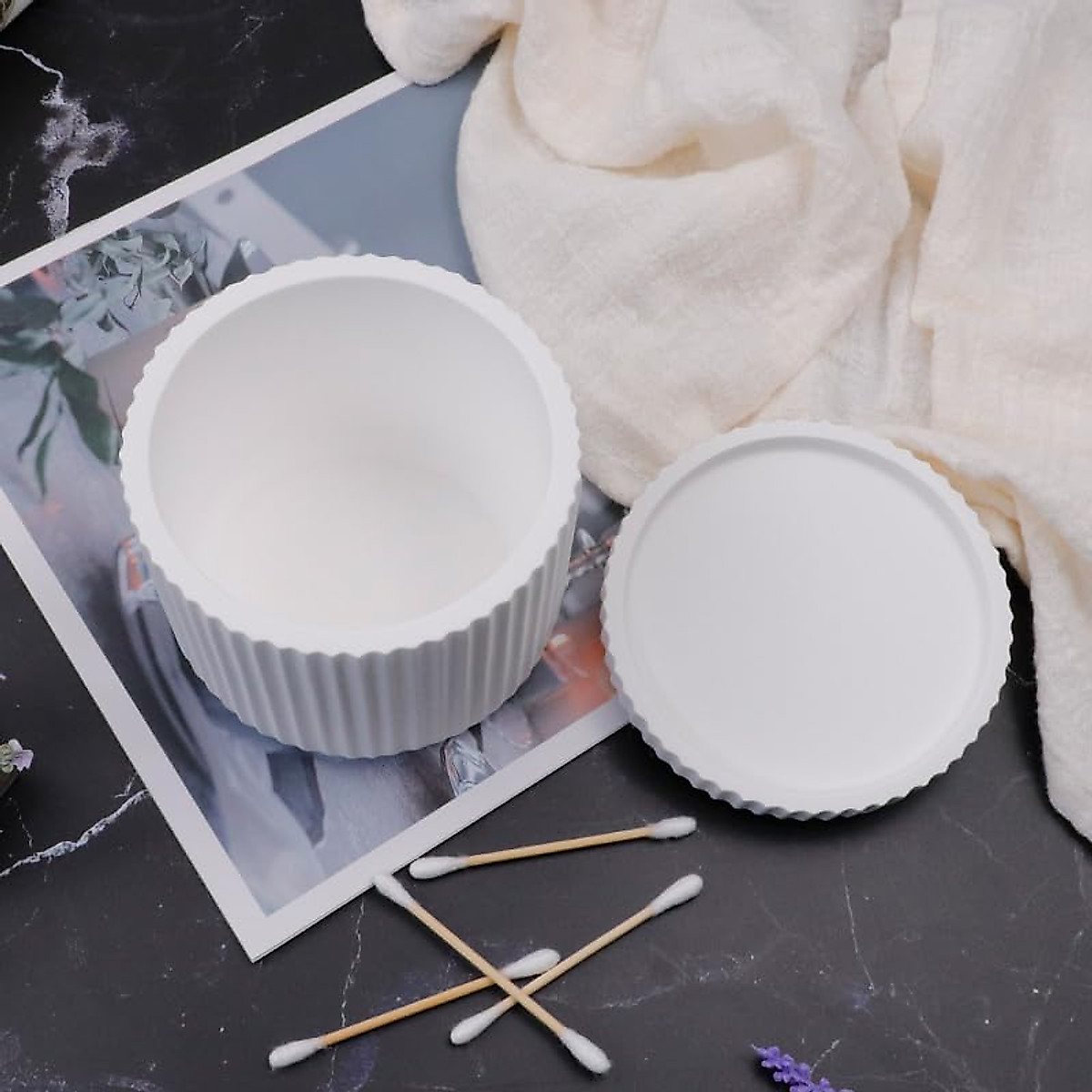 HEVSTIL Qtip Holder Dispenser with Lid Diatomite Holder Dispenser for Cotton Ball, Cotton Swab, Cotton Round Pads, Floss Picks for Bathroom Canister Storage Organization, Vanity Makeup Organizer