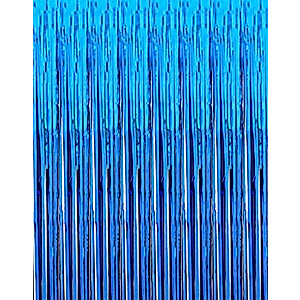 2 Pcs 3.2ft x 8.2ft Shiny Blue Metallic Tinsel Foil Fringe Curtains Photo Booth Backdrop for Birthday Wedding Holiday Celebration Bachelorette Party Decor (Blue)