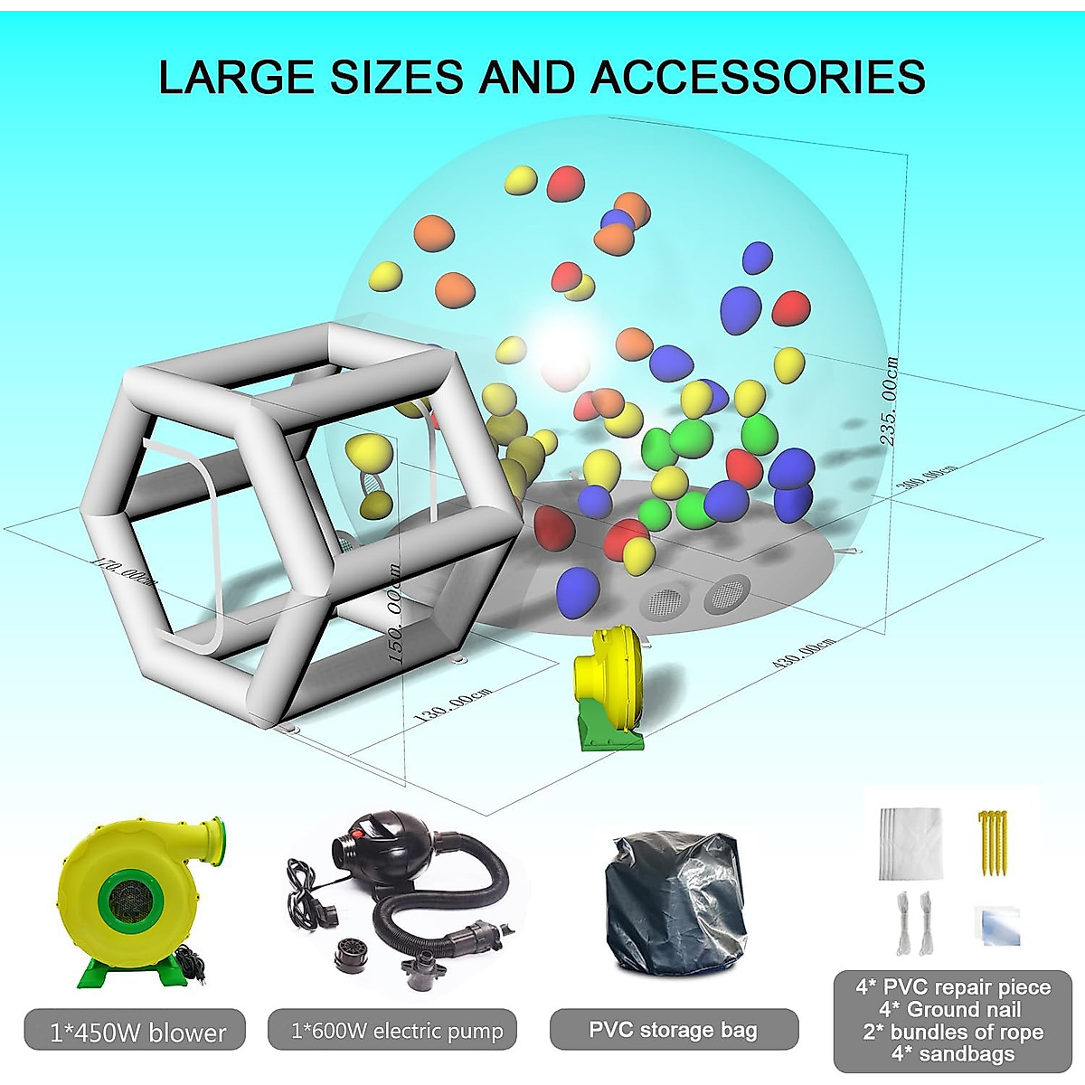 Inflatable Bubble Balloon Dome Clear Bubble Tent Decorative Inflatable Bubble House Dome for Kids Party Birthday Home Event Exhibition(10ft Dome, 6ft Tunnel)