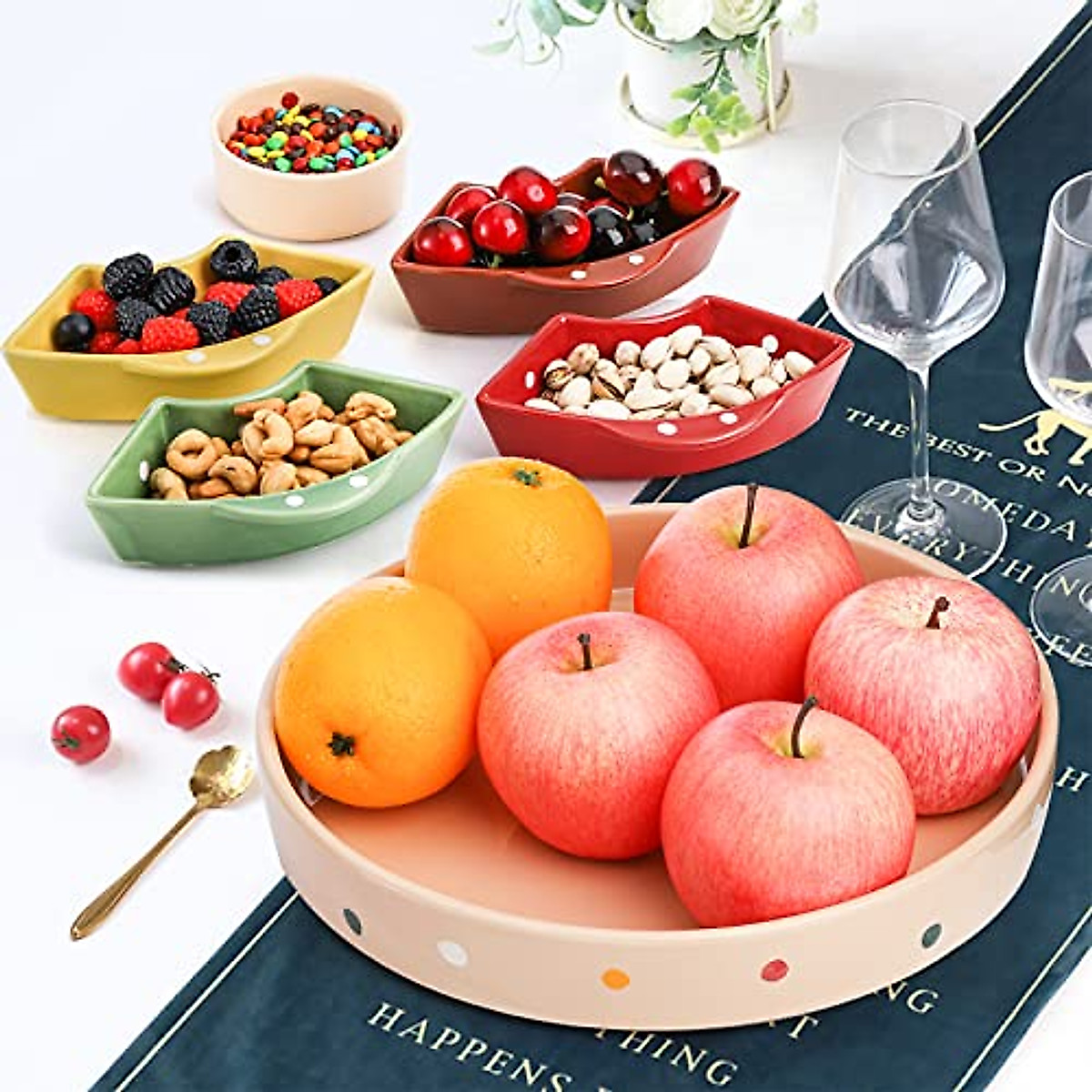 Cedilis Porcelain Divided Serving Dishes, 11Inch Ceramic Appetizer Tray, Colorful Divided Serving Tray Snack Container, 5 Removable Snack Bowls Relish Tray for Candy, Nut, Veggie, Chips and Dip