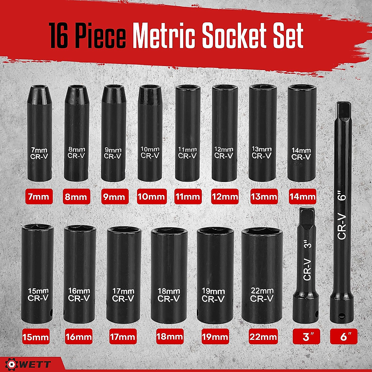 WETT 3/8-Inch Drive Deep Impact Socket Set, 16 Piece Metric Socket Set, 6 Point, Cr-V Steel, 7-22mm Sockets with 3", 6" Extension Bar