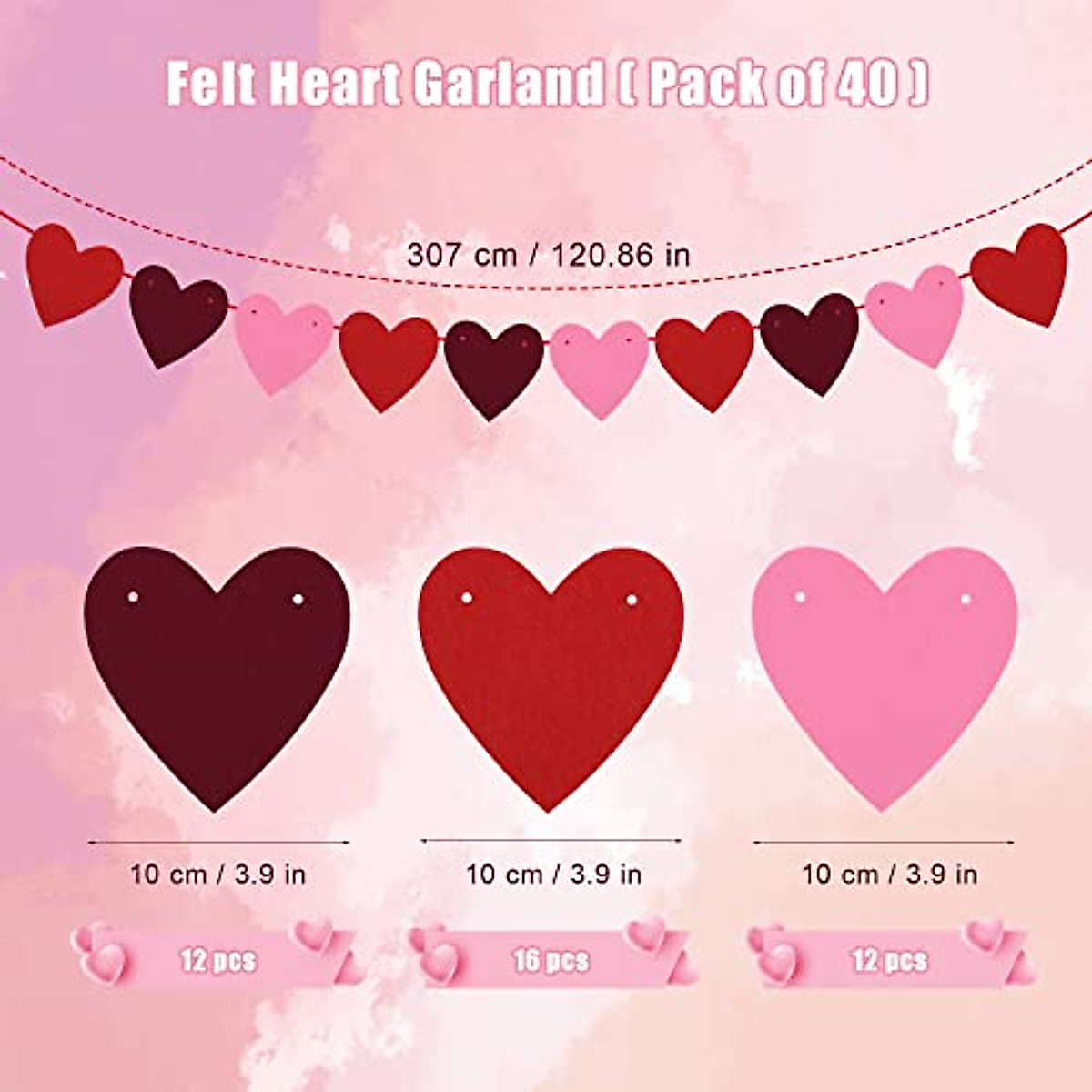 40pcs Valentines Day Heart Banners, Felt Heart Garland Romantic Decorations for Valentines Day Weddings Birthday Parties