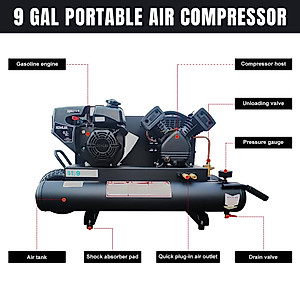HPDAVV 6.5-HP Portable Air Compressor with Wheels - 9 Gallon Air Tanks Wheelbarrow Gas Powered Air Compressor (1, 6.5HP/9GAL*2/Wheelbarrow)