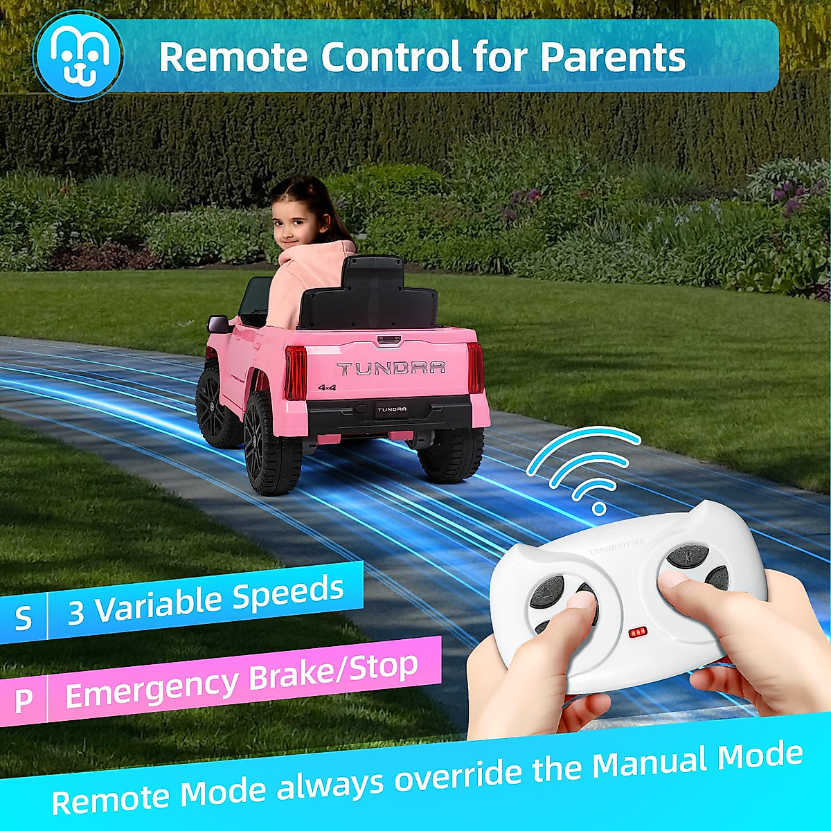 MINIATURE MOTORS Licensed Toyota Tundra Kids Electric Ride on Car 12V 7Ah Battery Electric Truck Trunk Remote Control Bluetooth Music MP3 Player 4 Wheel Full Suspension Gift for Boys Girls-Pink