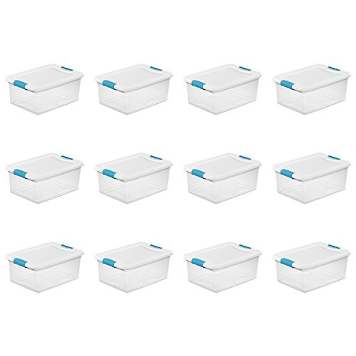 Sterilite 15 Qt./14 L Latching Box Clears, Quart, White, 12 Piece & 19638606 Large Clip Box, Clear with Blue Aquarium Latches, 6-Pack