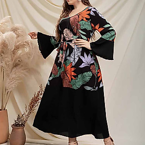Dresses for Women 2023 Sexy Ladies Plus Size Ruffle Long Sleeve V Neck Floral Leaf Print Elastic Waist Drawstring Belt A