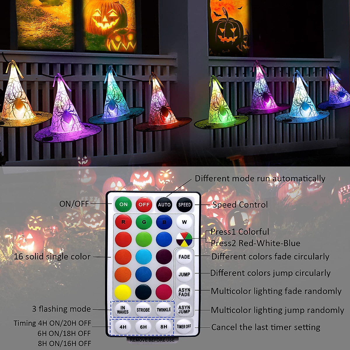 Lighted Hanging Witch Hats for Halloween Decorations, 8Pcs Color Changing 17FT 56 LED Light Up Witch Hats String Lights with Remote for Indoor Outdoor Party Yard Garden Tree Halloween Decor