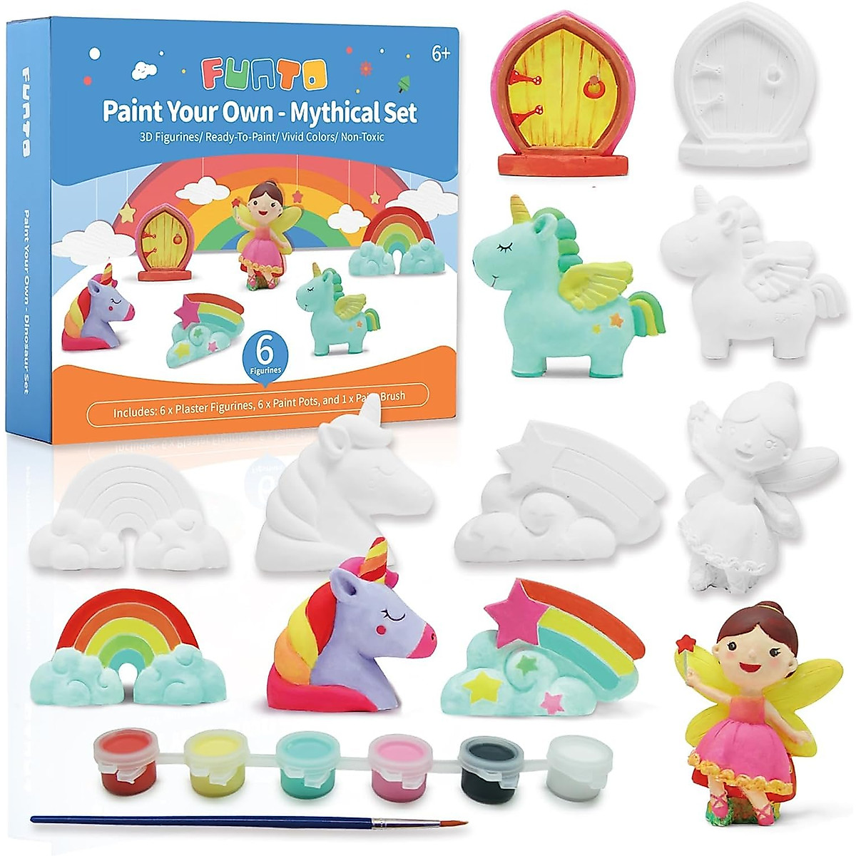 Funto Paint Your Own Unicorn Painting Kit, Arts and Crafts Set, STEAM Project Creative Activity DIY Toys, with 6 Figurines, 6 Paint Pots, 1 Brush