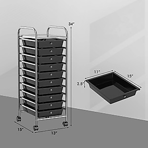 Byroce 10 Tier Drawer Rolling Storage Cart, Tools Scrapbook Paper Organizer Trolley with 360° Rotating Wheels and PP Drawers, Sturdy Metal Frame, Unity Storage Cart for Home, School, Office (Black)