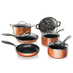 Gotham Steel Copper Cast 10 Piece Pots and Pans Set with Ultra Nonstick Diamond Surface, Includes Frying Pans, Stock Pots, Saucepans & More, Stay Cool Handles, Oven & Dishwasher Safe, 100% PFOA Free