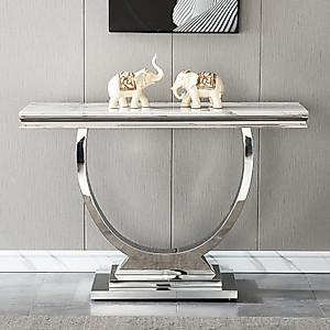 Maotifeys White Marble Console Table Long Narrow Console Entryway Table with Silver Stainless Steel Base, Accent Sofa Side Table Behind Couch, Mid Century Modern Console Table for Living Room Entryway