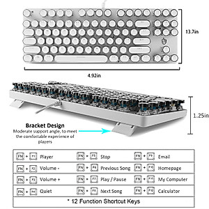 CHUYI Typewriter Style Mechanical Gaming Keyboard with Blue Switch, USB Wired Retro Steampunk Light Up 87 Round Keycaps with RGB LED Rainbow Backlit, for Computer PC Laptop (White)