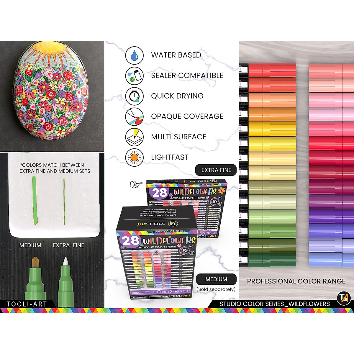 28 Wildflower Colors Acrylic Paint Pens Studio Color Series Markers Set 0.7mm Extra Fine Tip, Rock Painting, Glass, Mugs, Wood, Metal, Canvas, DIY, Detailing. Non Toxic, Waterbased, Quick Drying