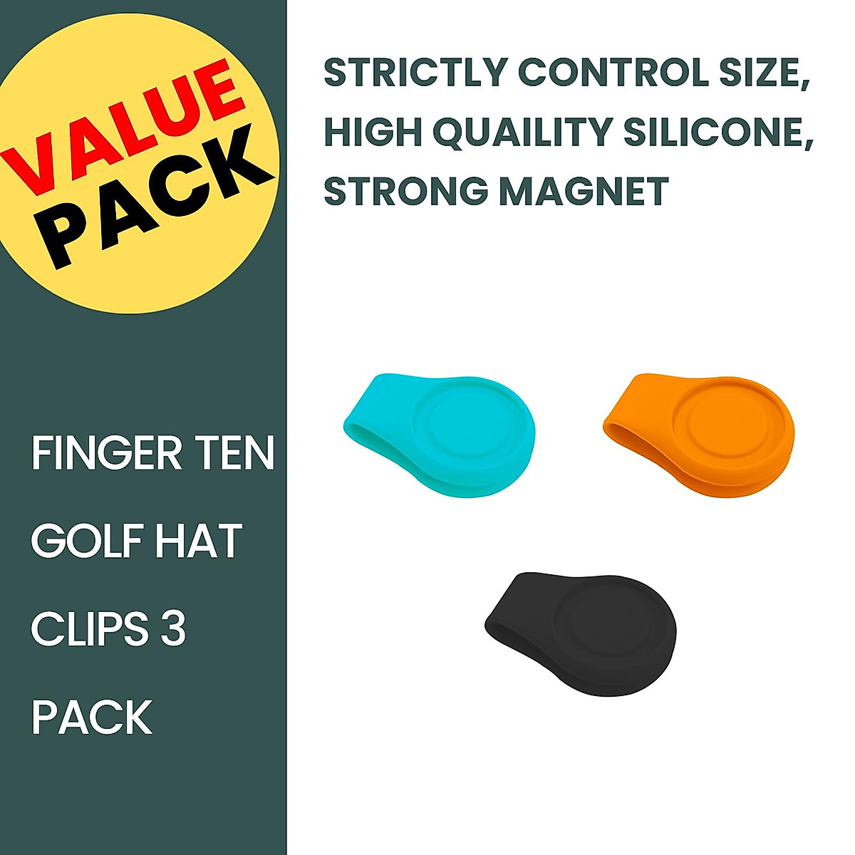 FINGER TEN Golf Ball Marker Hat Clip Magnetic Value 3 6 9 12 Pack Set Silver Durable Removable Attaches Easily to Hats Caps Belt (3 Pcs-Black&Blue&Orange)