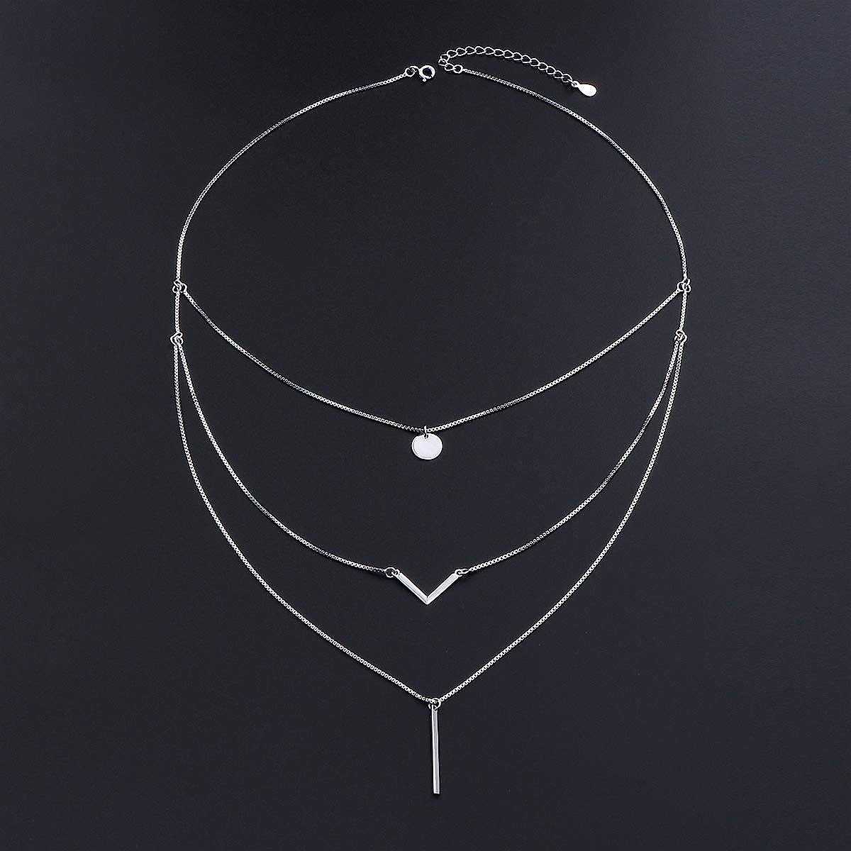 DAOCHONG S925 Sterling Silver Triple Layer Pendant Choker Necklace for Women 16"+2" (A)