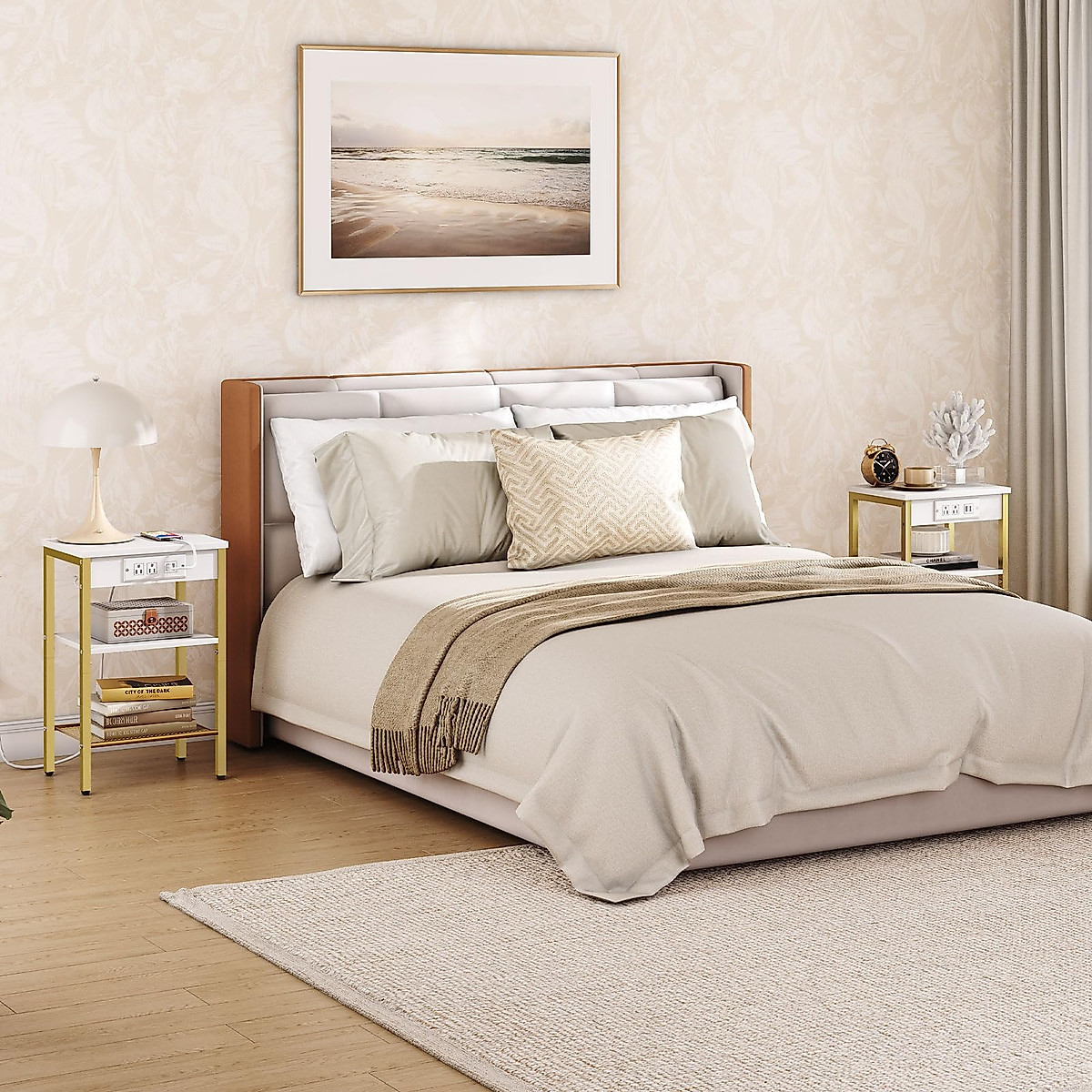 HOOBRO End Tables Set of 2 with Charging Station and USB Ports, 3-Tier Nightstands with Adjustable Shelves, Small Side Tables for Small Space in Living Room, Bedroom, White and Gold DW112BZP201G1