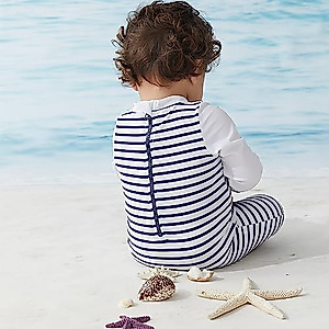 Baby Swimsuit Boy One Piece Rashguard with Hat UPF 50+ Sun Protection ，Blue Stripes,6-9 Months