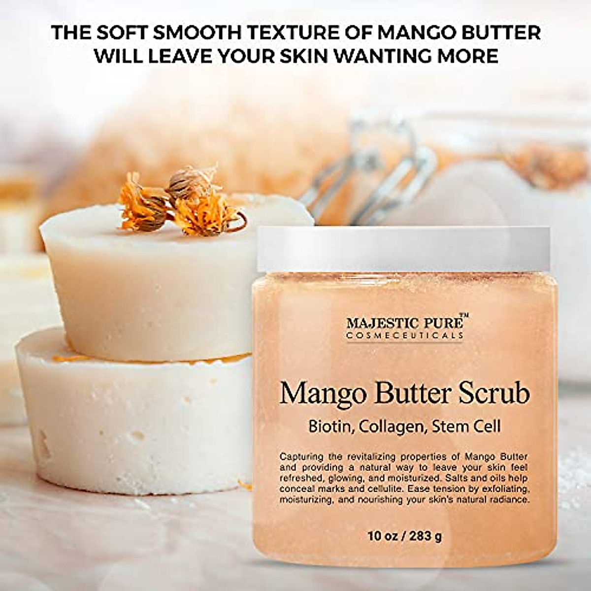 Majestic Pure Mango Butter Body Scrub - With Biotin, Collagen, Stem Cell - Exfoliating Salt Scrub to Exfoliate and Moisturize Skin - Deep Skin Cleanser - Natural Skin Care for Men and Women - 10 oz