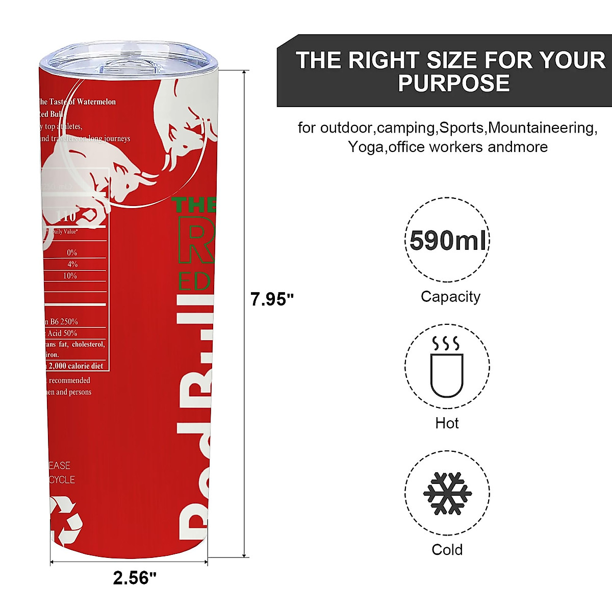 ATHAND Red Bull Printed Tumbler,Funny Tumblers,20 OZ Insulated Vacuum Skinny Tumbler,Gifts for Friend,Classmate,Women,Men,Boy,Girls,1 Pcs