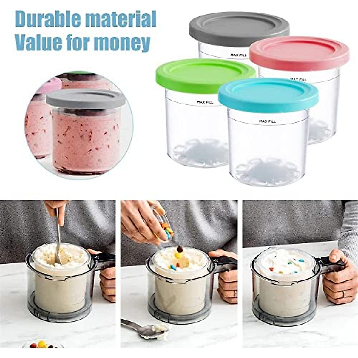 Containers Replacement for Ninja Creami Pints and Lids - 4 Pack, Extra Sets,16oz Cup Compatible with NC301 NC300 NC299AMZ Series Ice Cream Maker, BPA Free Dishwasher Safe Leak Proof