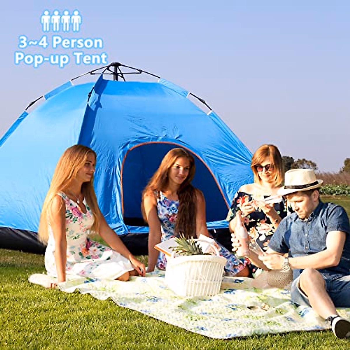 Qisan Family Camping Tent 3-4 Person Automatic Hydraulic Canopy Tent Easy to Set up and Package Windproof Backpacking Tent for Camping, Hiking, Outdoor Festivals, Car Trip Blue Color