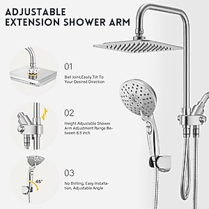 Ryamen Dual Shower Head Combo, 8'' High Pressure Rain/Rainfall Shower Head,5 Settings Adjustable Handheld Showers,with 15" Height Adjustable Slide Bar,Holder/Hose, Angle Adjustable, Chrome