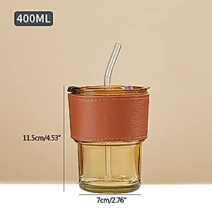 OUSFANAM Drinking Glass Cups With Bamboo-Lid And Straw Iced Coffee-Cup Suitable For Juice Water Soda-Tea Girl Birthday Gift 400ML Spill Proof Straw Cups For Adults