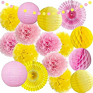 ANSOMO Pink and Yellow Party Decorations Lemon Birthday Bridal Baby Shower Lemonade Sunshine Wedding Wall Hanging Décor Tissue Pom Poms Paper Fans Lanterns