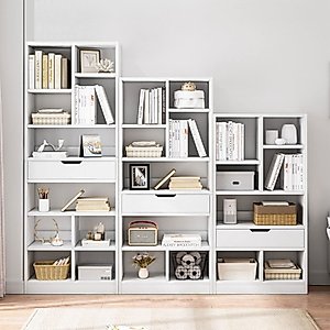 IOTXY Wooden Open Shelf Bookcase - 71 Inches Tall Freestanding Display Storage Cabinet Organizer with 10 Cubes and a Drawer, Floor Standing Bookshelf in Warm White