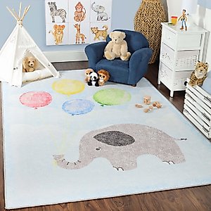 SUPERIOR Kids Indoor Area Rug, Elephant Design, Cute Rugs for Bedroom, Nursery, Playroom, Living Room, Entryway, Unique Accent, Soft Cotton Backed Rugs, Nursery Collection, 4' x 6', Baby Blue