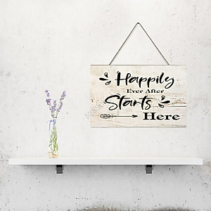 Wooden Signs, Rustic Happily Ever After Starts Here Sign Plaque Pianted Quote Home Decor Farmhouse Garden Outdoor Wall Art 10"X16", Made in USA #339