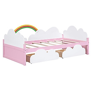 Harper & Bright Designs Twin Size Daybed with 2 Storage Drawers, Wood Kids Twin Bed Frame with Clouds and Rainbow Decor, Twin Storage Bed Frame for Kids Girls Boys, No Spring Box Required, White+Pink