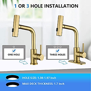 TRIPHIL Waterfall Bathroom Faucets with 3 Mode Pull Down Sprayer,Single Handle Modern Bath Sink Faucet with Pop Up Drain and Deck Plate,Brusehd Gold 1 Hole RV, Bar,Restroom,Lavatory,Vanity Tap