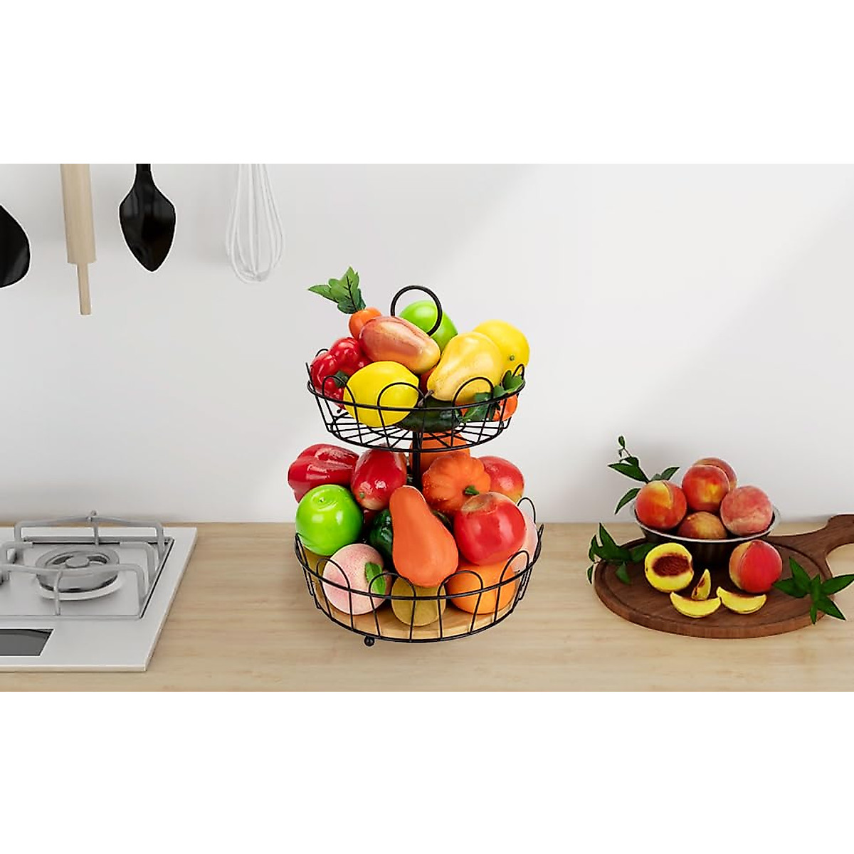 2-Tier Farmhouse Fruit Basket Stand, Wire Fruit Vegetables Countertop Storage Rack, Multifunctional Detachable Bread Snack Holder Bowl for Kitchen and Bathroom Organization - Black