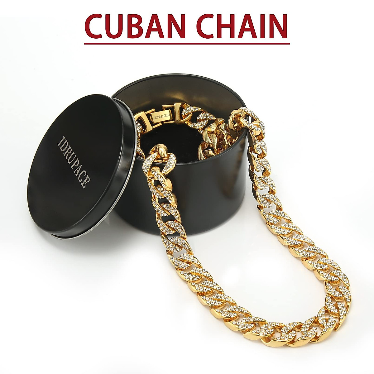 IDRUPACE Miami Mens Cuban Link Chain Silver Gold Plated Bling Cuban Necklace Diamond Chain for Men 13MM iced out chain Hip Hop Jewelry (Gold Chain+KING Pendant, 18.0 Inches)