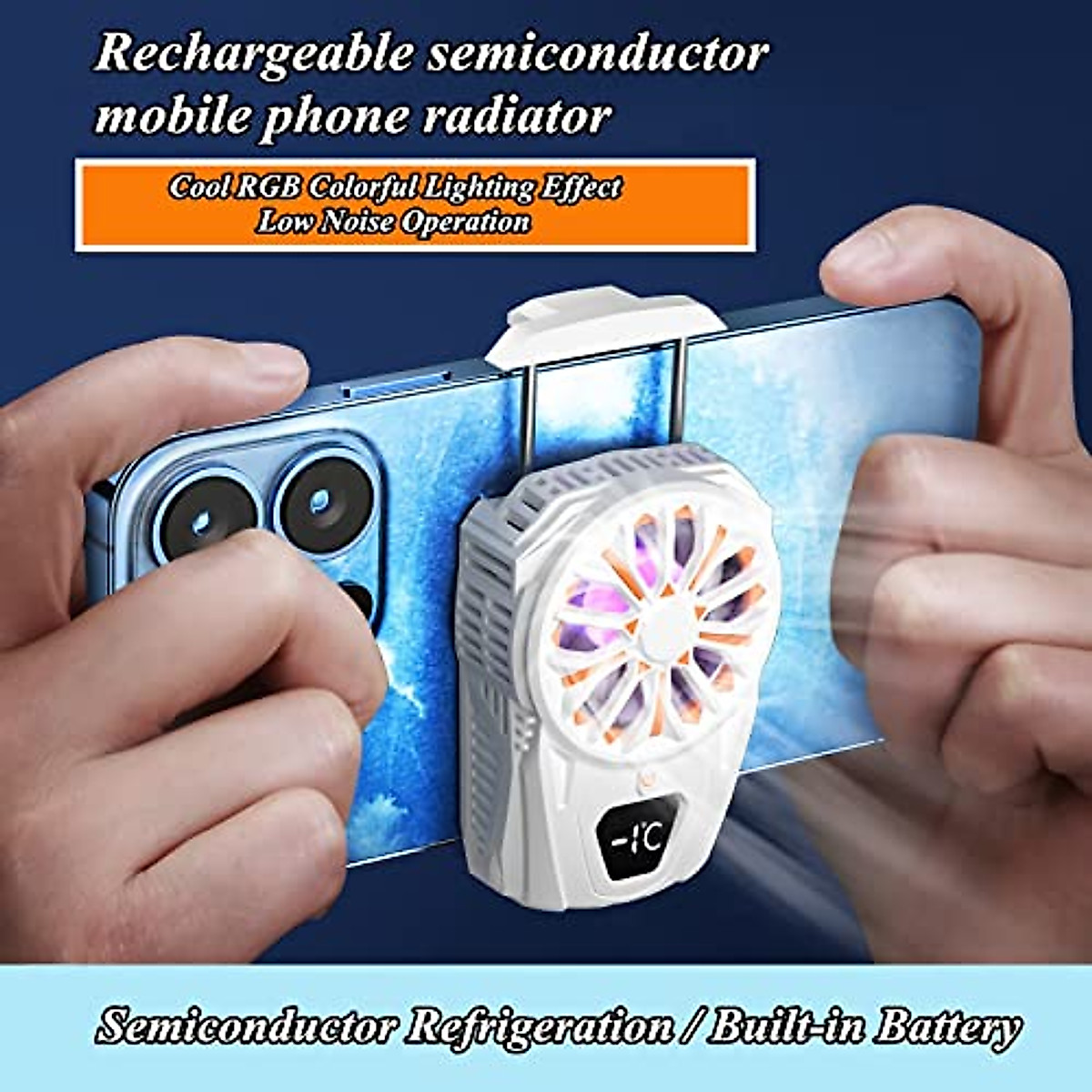 JUHARFA Phone Cooler, Wireless Phone Cooling Fan for Gaming, LED Temperature Display Battery/USB Powered Universal Back Clip Phone Fan for iPhone Samsung and Moto, etc (White)