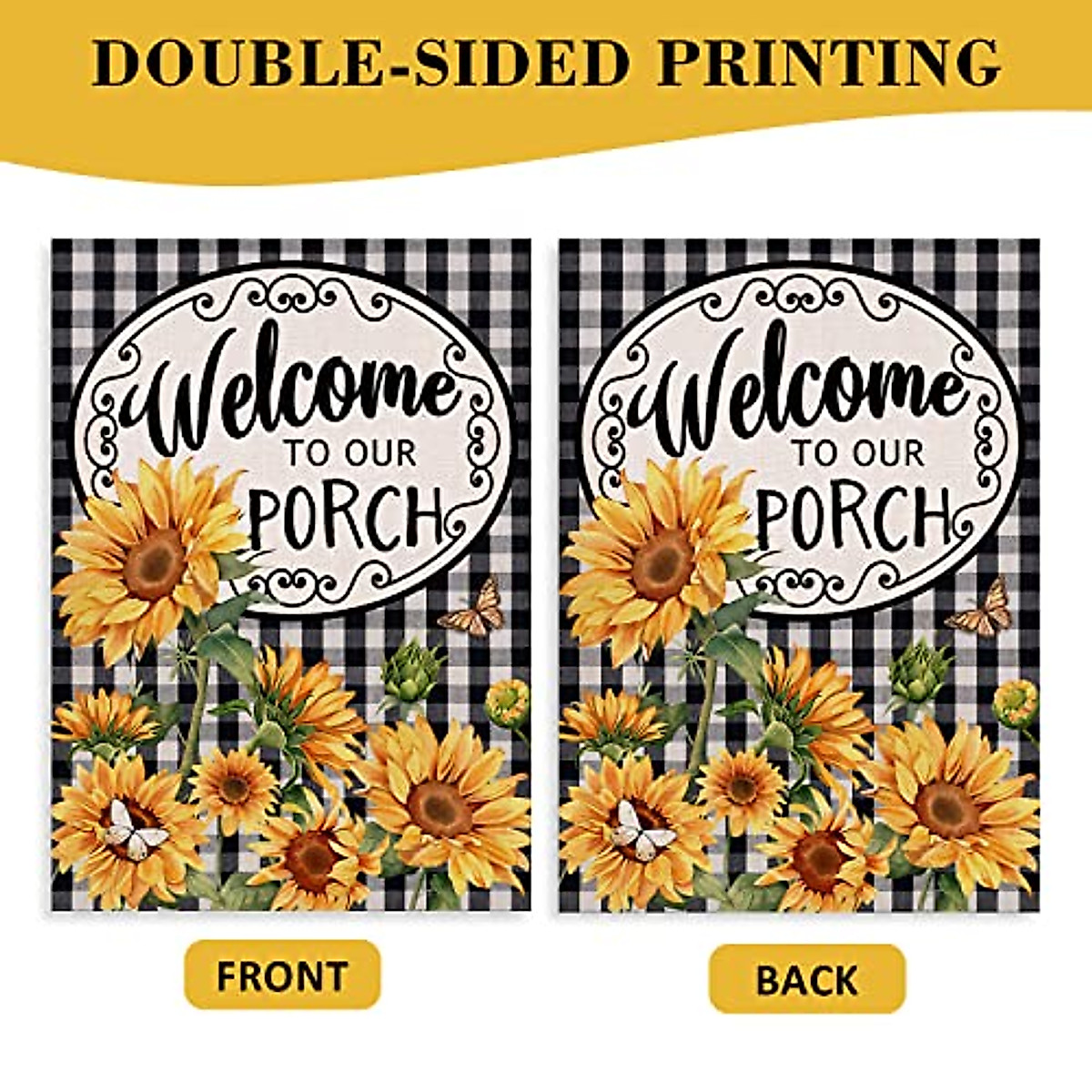 Covido Home Decorative Welcome to Our Porch Spring Sunflower Garden Flag, Summer Black White Buffalo Plaid Check Yard Outside Decoration, Autumn Farmhouse Outdoor Small Decor 12 x 18